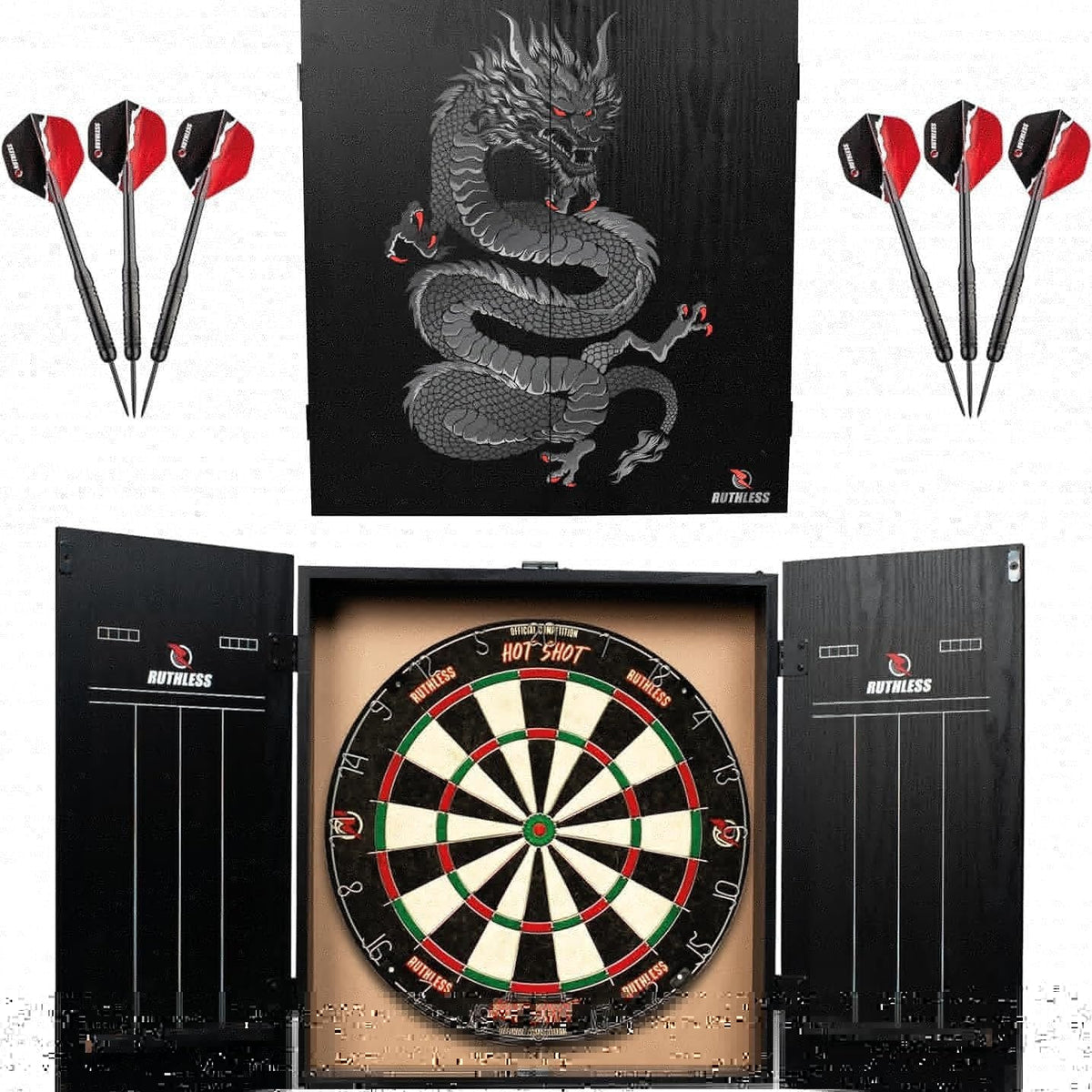 Ruthless Animal Home Darts Centre - Hotshot Dartboard in Cabinet - Dra