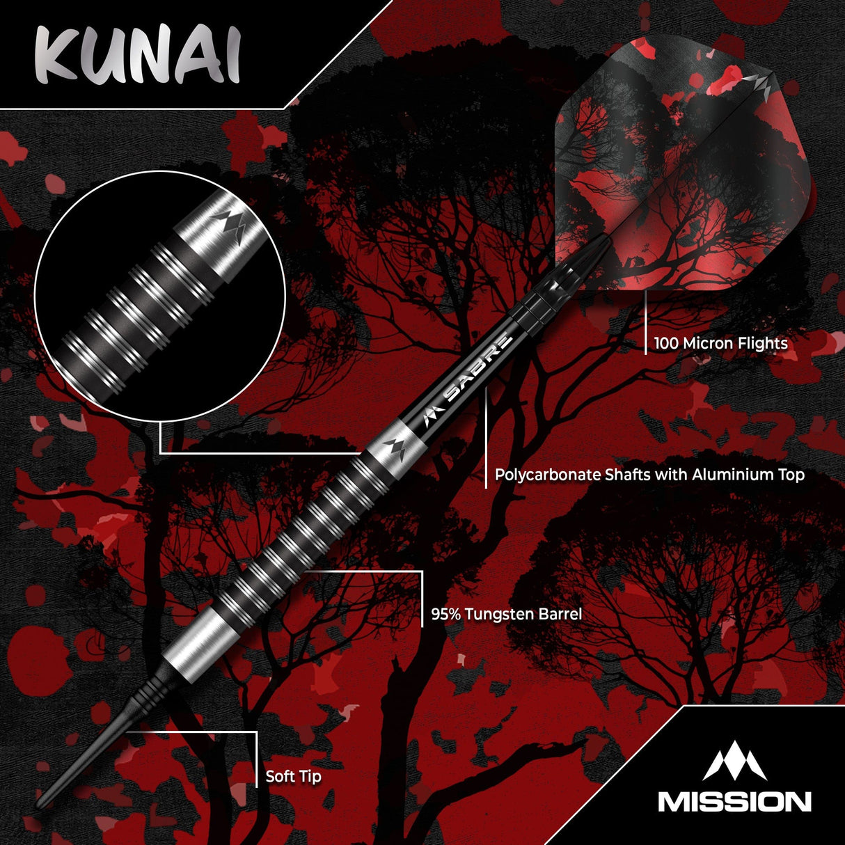 Mission Kunai Darts - Soft Tip - 95% Tungsten - Black PVD - 19g