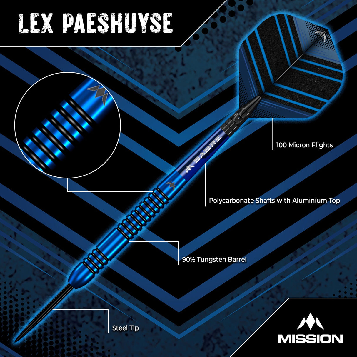 Mission Lex Paeshuyse Darts - Steel Tip - 90% Tungsten - Blue & Black