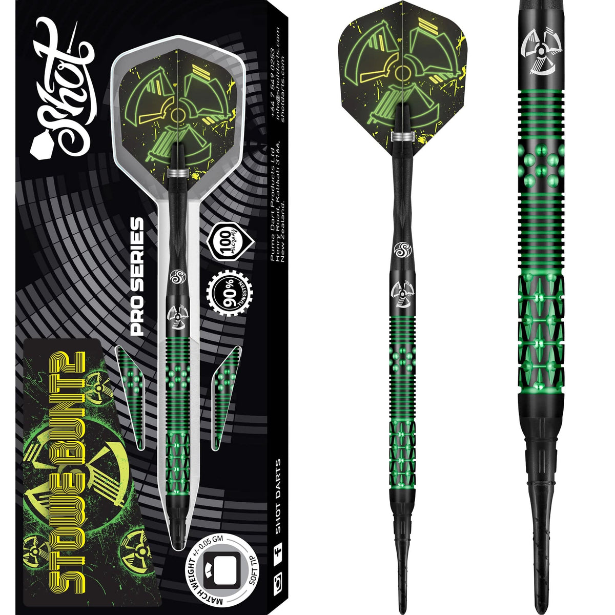 Shot Pro Series Darts - Soft Tip - 90% Tungsten - Stowe Buntz V2 - Bla