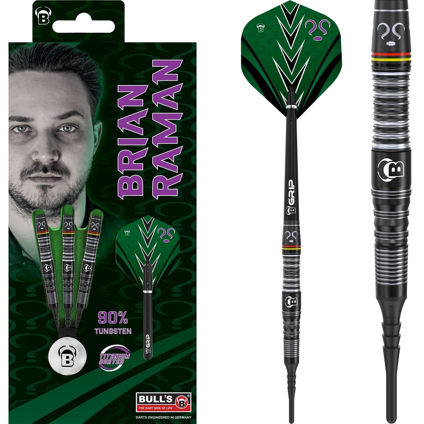 BULL'S Brian Raman Darts - Soft Tip - 90% Tungsten - Black Titanium
