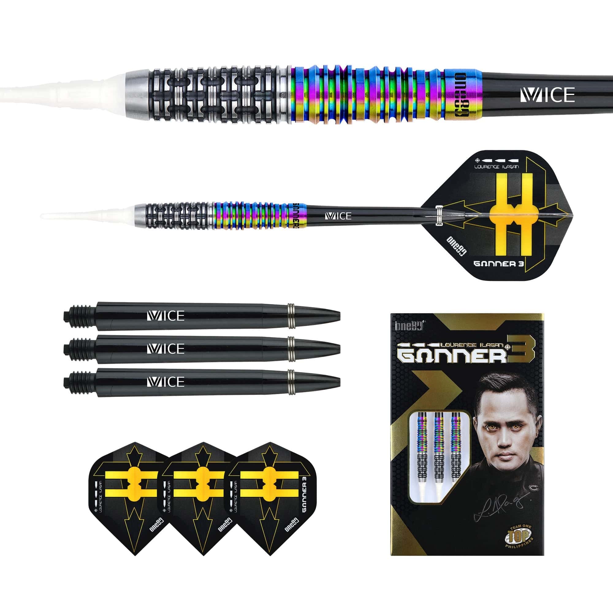 One80 Gunner III Darts - Soft Tip - Lourence Ilagan - Black & Chameleo