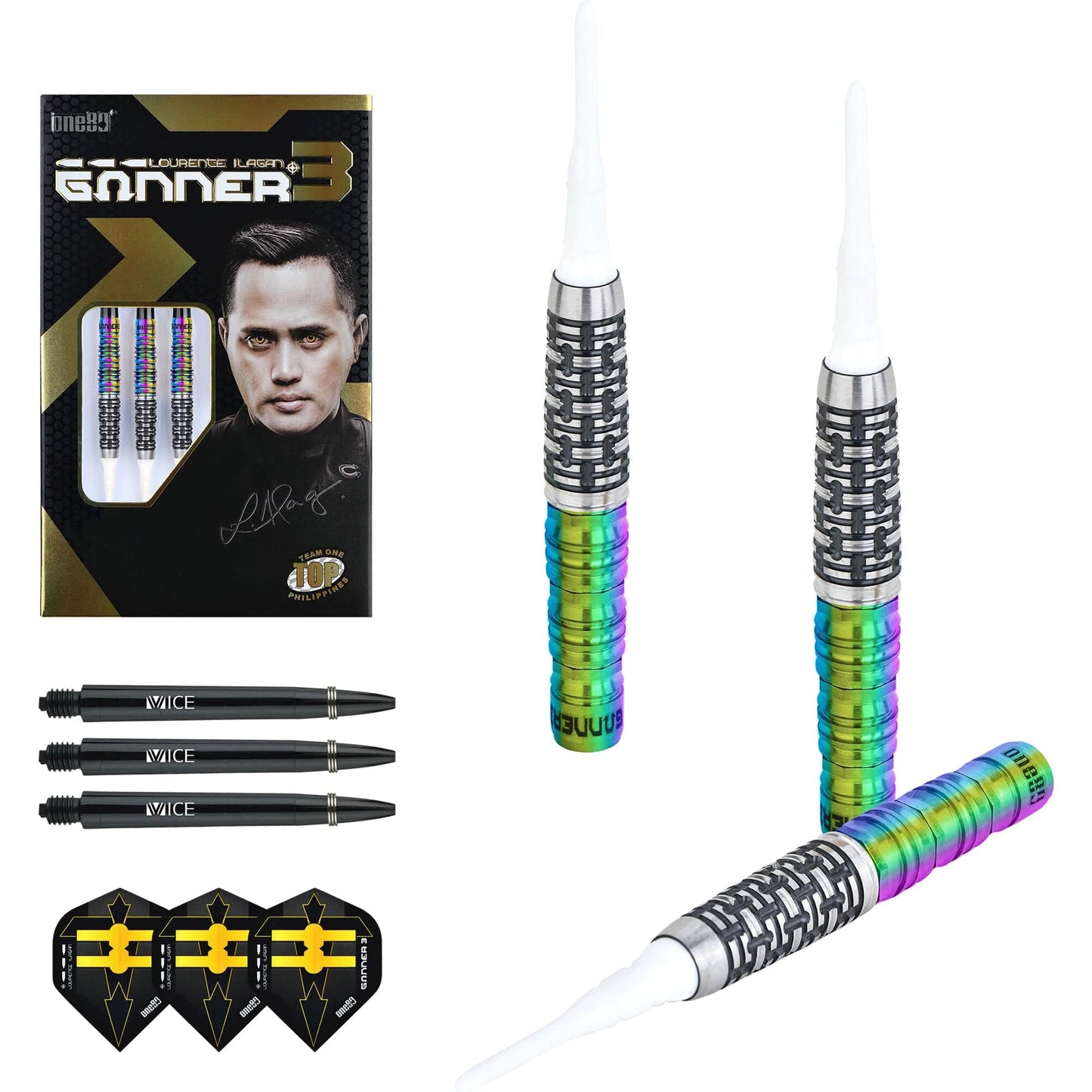 One80 Gunner III Darts - Soft Tip - Lourence Ilagan - Black & Chameleo