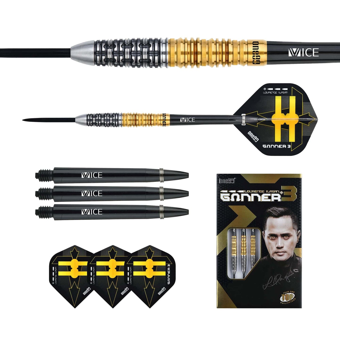 One80 Gunner III Darts - Steel Tip - Lourence Ilagan - Black & Gold